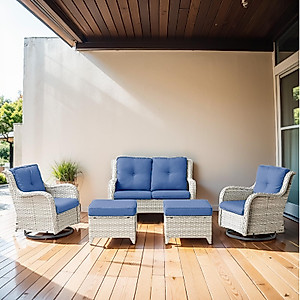 moosprr Patio Chairs Set, 5 PCS Furniture with Loveseat, Swivel Rocker Patio Chairs and 2 Wicker Ottoman, Light Grey / Blue, Casual/Tropical Style