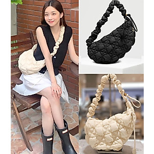 Puffer Bag Quilted Padded Tote Bags for Women Puffy Hobo Purse Lightweight Down Cotton Crossbody Shoulder Bag Black