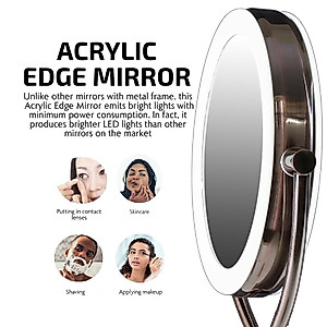 Ovente 7.5" Lighted Wall Mount Makeup Mirror, 1X & 10X Magnifier, Spinning Double Sided Round LED w/ Dimmer Switch, Extend, Retractable & Folding Arm, Battery USB Powered Antique Brass MLW75AB1X10X