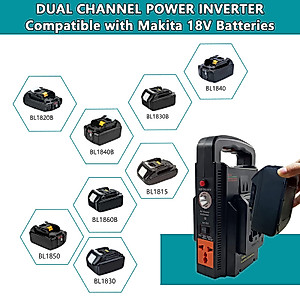 150W Portable Power Supply Inverter for Makita 18V Lithium Battery, TEPULAS 2-Channel Power Generator USB Power Station with Battery Charger & LED Light