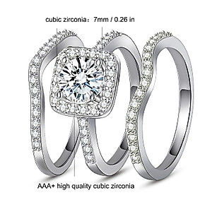 Gemsme 18K White Gold Plated Three-in-One Wedding Engagement Eternity Rings Halo Cubic Zirconia Bridal Rings Set (7)