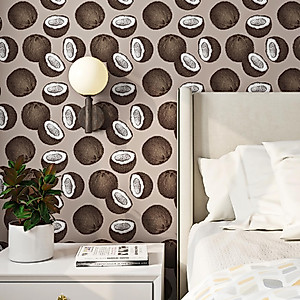 ReWallpaper Light Tan Peel and Stick Wallpaper Removable Brown Vinyl Wallpaper Stick and Peel Waterproof Contact Paper for Cabinets Bathroom Bedroom Tropical Coconut Fruit Wall Paper Roll 17.5in×10ft