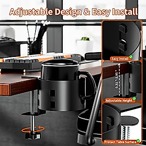 Upgraded Large Desk Cup Holder Clamp, OOKUU Anti-Spill Table Cup Holder, Metal Office & PC Gaming Desk Accessories, Compatible with Universal Cup, Bottles, Pencil Holder (Black)