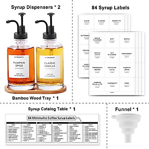 Coffee Syrup Dispenser for Coffee Bar, Set of 2 Simple Glass Syrup Bottle w 84 Labels and Bamboo Tray, 16.9 oz 500ml Syrup Pump Dispenser, Syrup Dispenser Black, Christmas Gifts