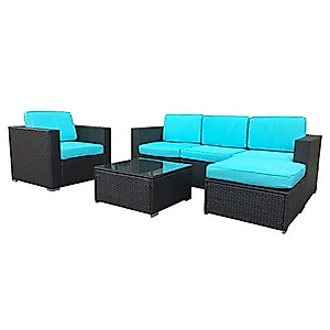 Rio AcePRO 6 Piece Patio Conversation Garden Sectional Sofa Outdoor Furniture Couch Set, Brown Wicker and Beige Cushion, Blue