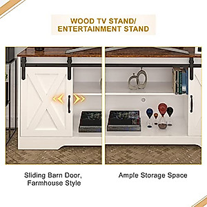 JOYSOURCE Farmhouse TV Stand Wood Sliding Barn Doors Entertainment Center, Modern TV Stand for 60 Inch TV, Television Stands with Adjustable Shelves Living Room TV Console, White Rustic