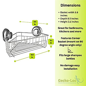 Gecko-Loc Corner Bathroom Shower Caddy Shelf Organizer Suction Cup Wall Storage Basket - Silver