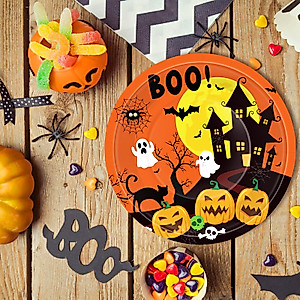 Jremreo 50 Pcs 9-Inch Halloween Paper Plates - Spooky Haunted House Party Supplies Set, Disposable Tableware with Ghost, Pumpkin, and Bat Designs for Candy, Snack, Dessert, Trick or Treat Decorations