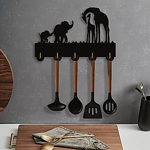 SCITOY Giraffe Key Hooks, Animal Theme Wall Mount Organizer, Wooden Key Holder with 5 Metal Hooks,19 * 29 * 3cm Black Home Decoration for Storage, Living Room, Hallway, Office… (Giraffe and Elephant)