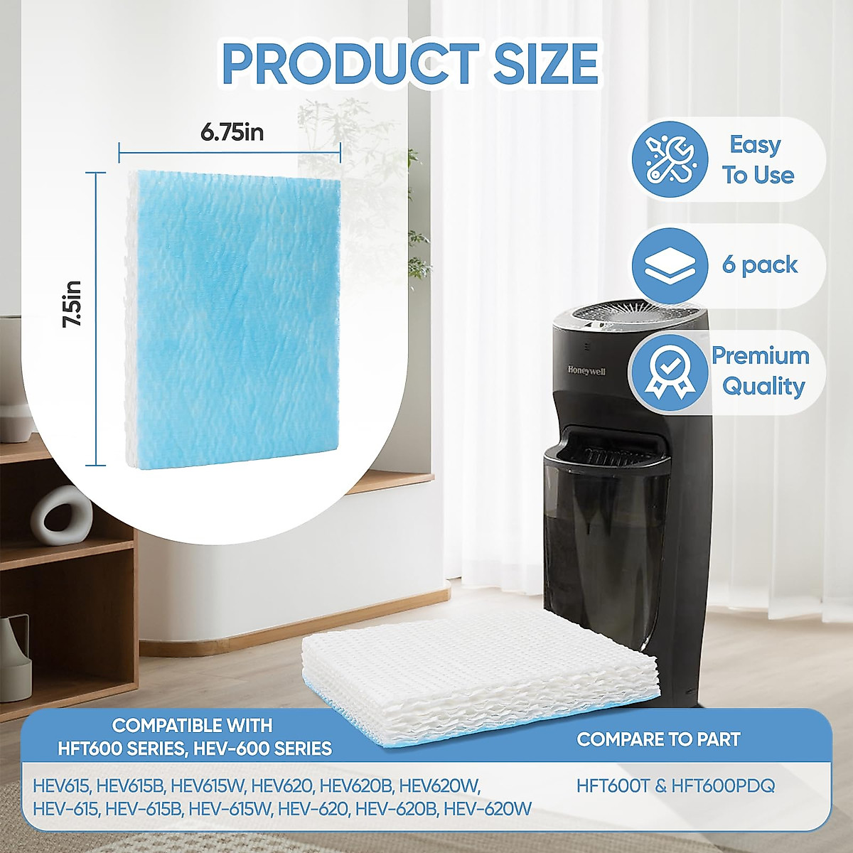 LBLVBNEWD HFT600 6 Pack Humidifier Wicking Filter T Replcement Compatible with Honeywell HEV615 HEV620 Humidifier, Compared to Part HFT600T HFT600PDQ Wicking Filter, Blue