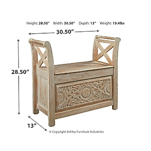 Signature Design by Ashley Fossil Ridge Boho Storage Accent Bench, Vintage White