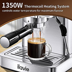 ILAVIE 20 Bar Espresso Machine, Stainless Steel Espresso Coffee Machine for Cappuccino, Latte, Espresso Maker for Home, Automatic Espresso Machine with Milk Steamer, 1.8L Water Tank, 1350W