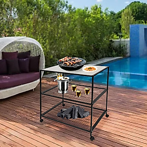 RIAHNEAH Outdoor Grill Cart with Wheels, Picnic Table with 3 layerStorage Shelves, Movable Dining Cart Worktable Trolley for BBQ, Portable Dining Cart Patio Bar Table