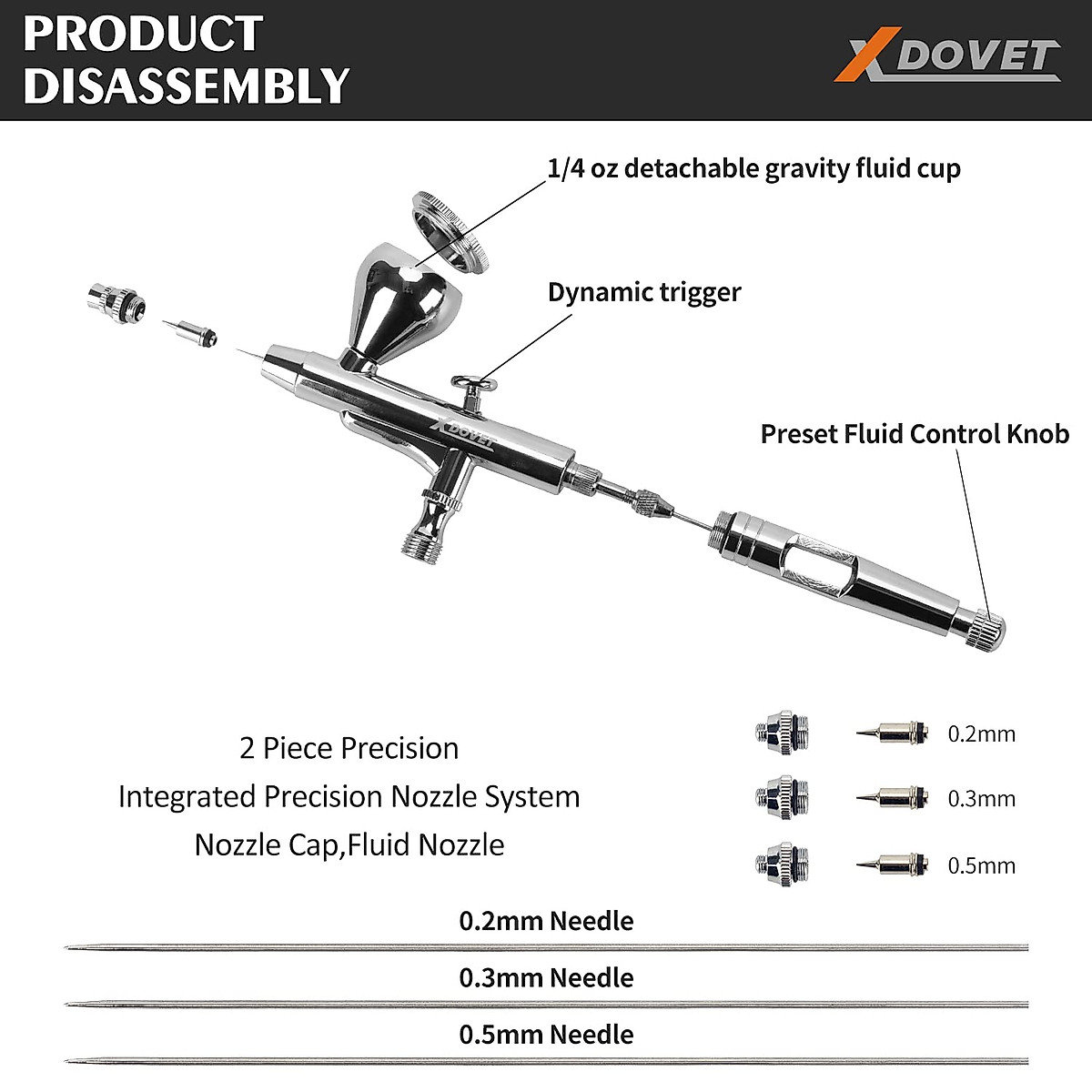 XDOVET Dual-Action Airbrush Kit Air Brush Painting Set with 0.2mm/0.3mm/0.5mm Needles,7cc/20cc/40cc Paint Cup, Air Hose for Tattoo, Makeup, Nail, Model, Art Hobby - for Pro & Beginner