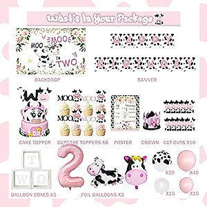 126 PCs Moo Moo Im Two Birthday Decorations Girl, Fiesec Cow 2nd Birthday Party Supplies Two Years Old Backdrop Balloon Garland Banner Cake Cupcake Toppers Boxes Cutout Crown Poster Pink White Black