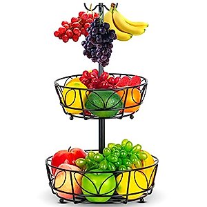 Auledio 2-Tier Countertop Fruit Vegetables Basket Bowl Storage With Triple Banana Hanger, Black