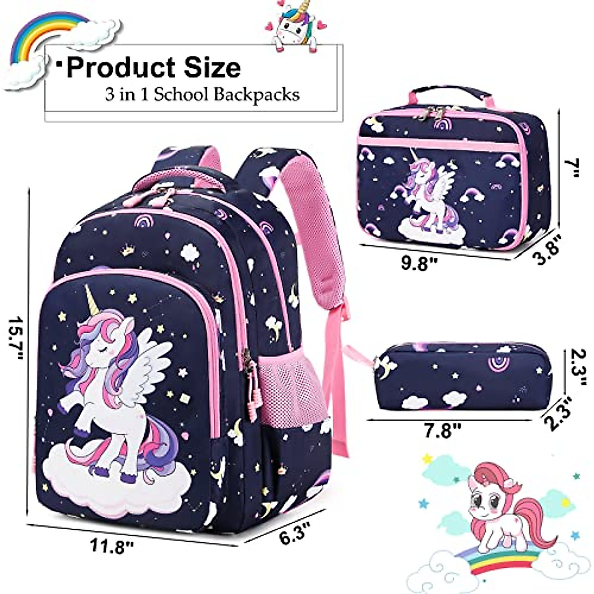 Dafelile Unicorn Backpack for Girls School Backpack Unicorn Bookbag 3 in 1 Set for Girls Elementary with Chest Strap and Lunch Bag
