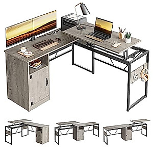 Bestier L Shaped Standing Desk Adjustable Height, 60" Corner Computer Desk with Storage File Cabinet, 95.2" Long and Large Reversible Office Desk with Lift Top, Washed Gray