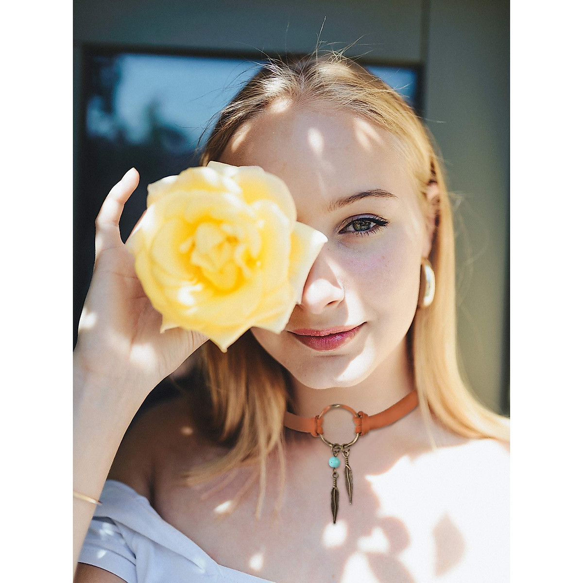 Hicarer 3 Pieces Suede Choker Necklaces American Indian Feather Handmade Necklaces Adjustable Leather Turquoise Choker Necklace Moon Crescent Pendant Choker for Women Accessories