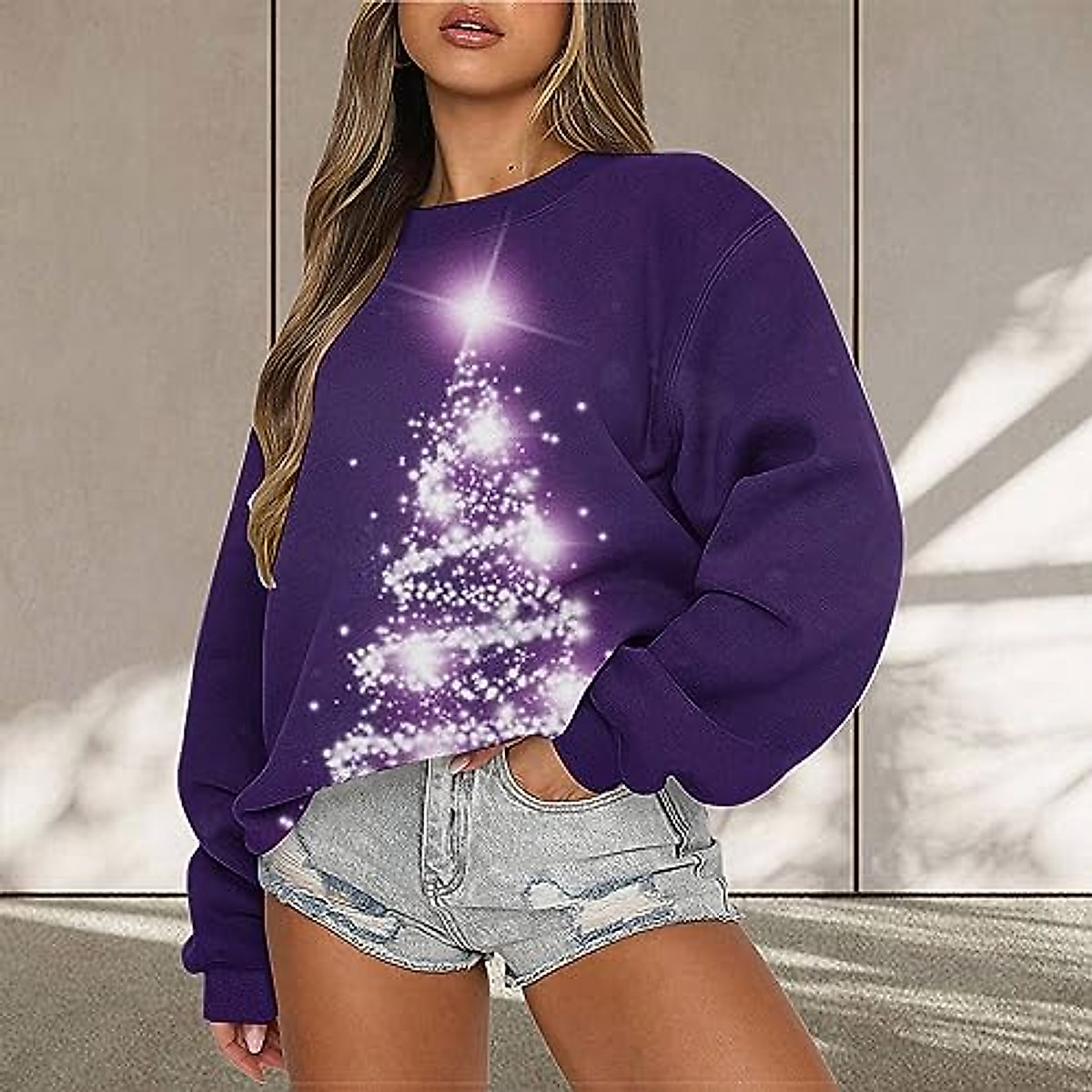 JUSLIO Amazon Coupons & Promo Codes For Prime Members Christmas Sweatshirt Women Drop Shoulder Long Sleeve Christmas Tree Pullover Comfy Plus Size Holiday Tops Shirt Dark Purple