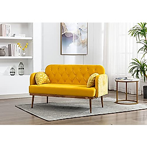 Lin-Utrend 55" Yellow Small Velvet Loveseat Couch with Elegant Moon Shape Pillows, 2-Seater Upholstered Modern Sofas Accent Loveseat Sofa Couch Small Space for Living Room Apartments