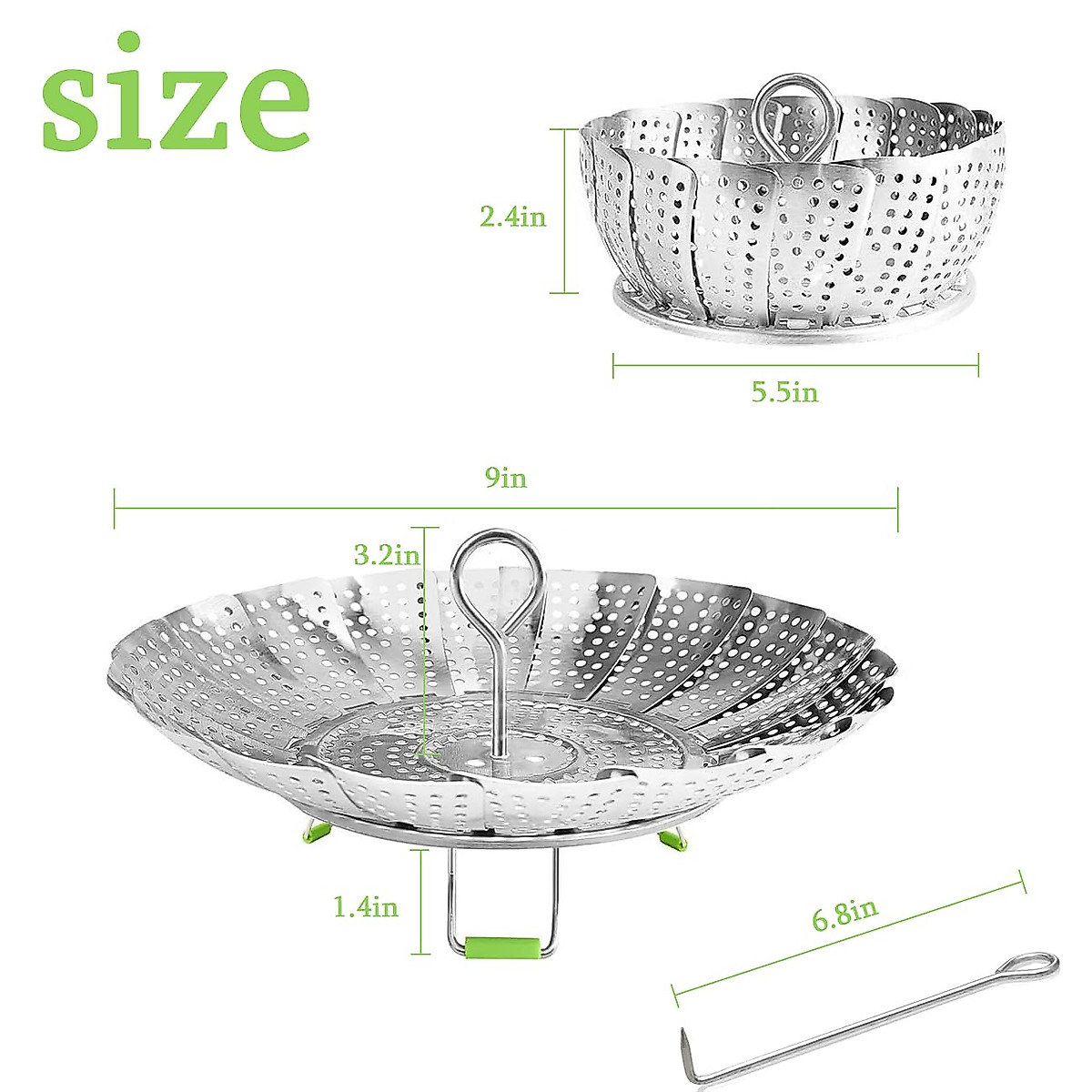 Steamer Basket Stainless Steel Vegetable Basket Metal Handle Folding Silicone Feet Steamer Insert for Cooking Veggies Fish Seafood Include Safety Tool,Fit Various Pot Pressure Cooker (5.5" to 9")