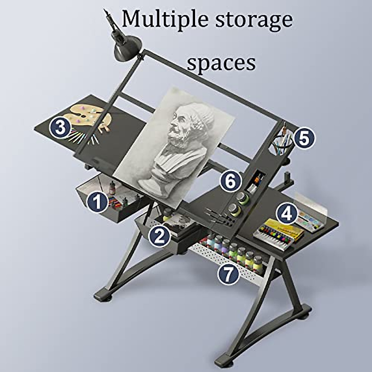 VejiA Drafting Table Art/Adjustable Glass Drawing Table with 2 Drawers, Art Desk Art Table with Storage, Student Desk Study Desk for Drawing, Painting, Writing and St