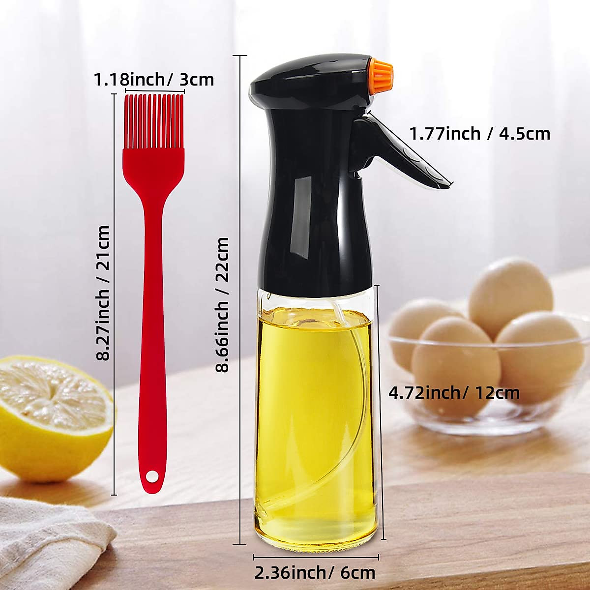 TAOUNOA 210ml Glasses Oil Sprayer - 2pcs Olive Oil Sprayer with Brush 7 OZ Oil for Cooking Mist Oil Spray Bottle for Kitchen Air Fryer, Salad, Baking, Grilling, Frying, Black