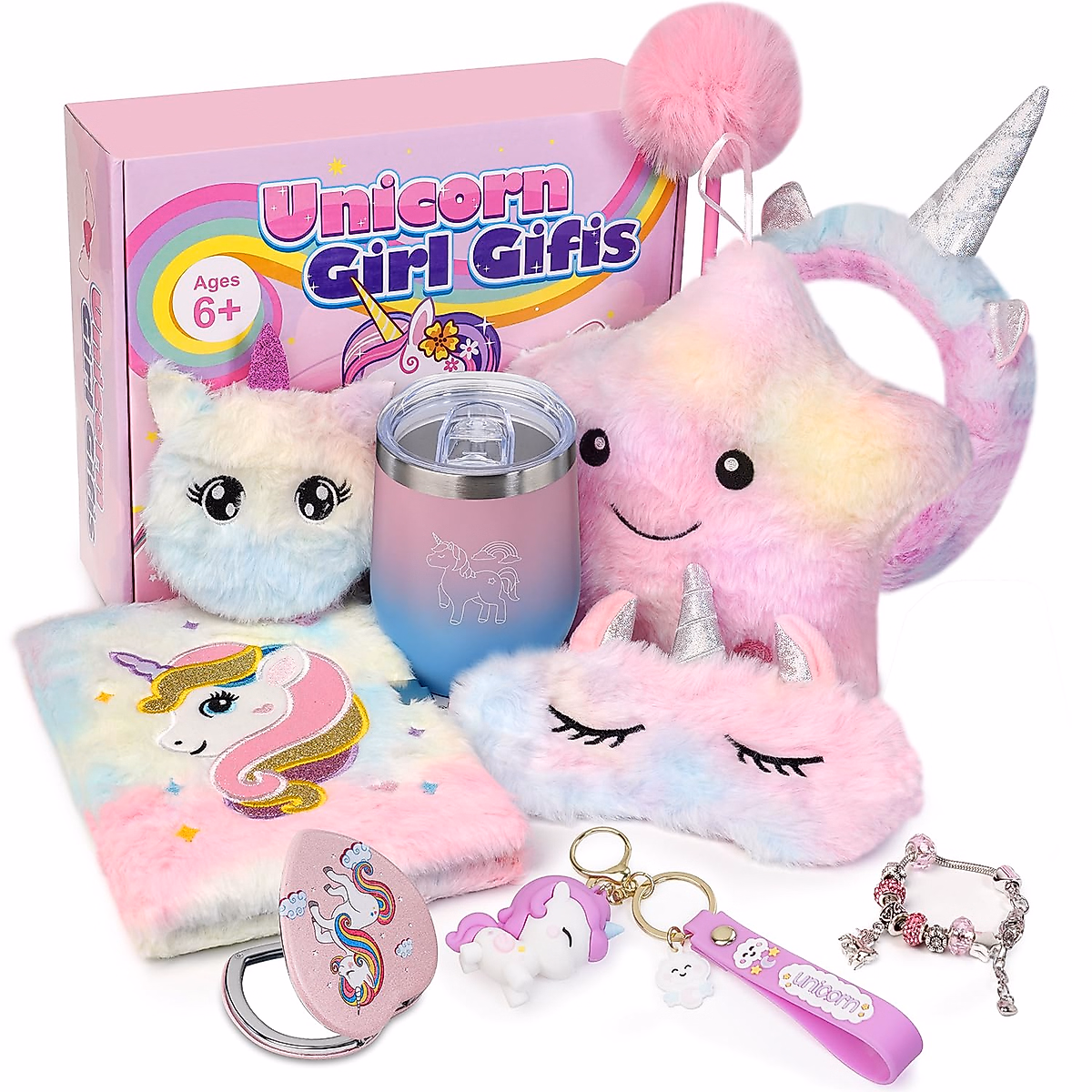 Sabdrau Unicorn Gifts for Girls 4 5 6 7 8 9 10+ Years Old, Kids Unicorns Toys with Light Up Plush Star Pillow/Diary/Headband/Eye Mask/Water Bottle, Soft Plush Toys Set for Birthday Gift Christmas