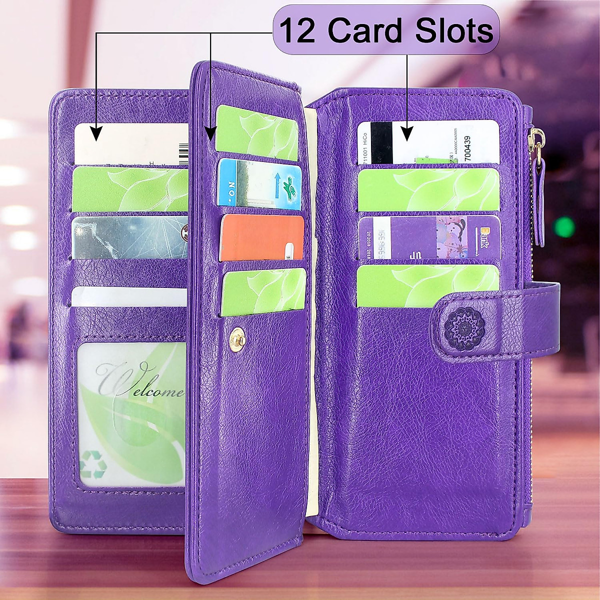 Harryshell Detachable Magnetic Case Wallet with Cash Coin Zipper Pocket 12 Card Slots Holder Wrist Strap Lanyard for Samsung Galaxy Z Fold 5 5G Z Fold5 (2023) (Flower Purple)