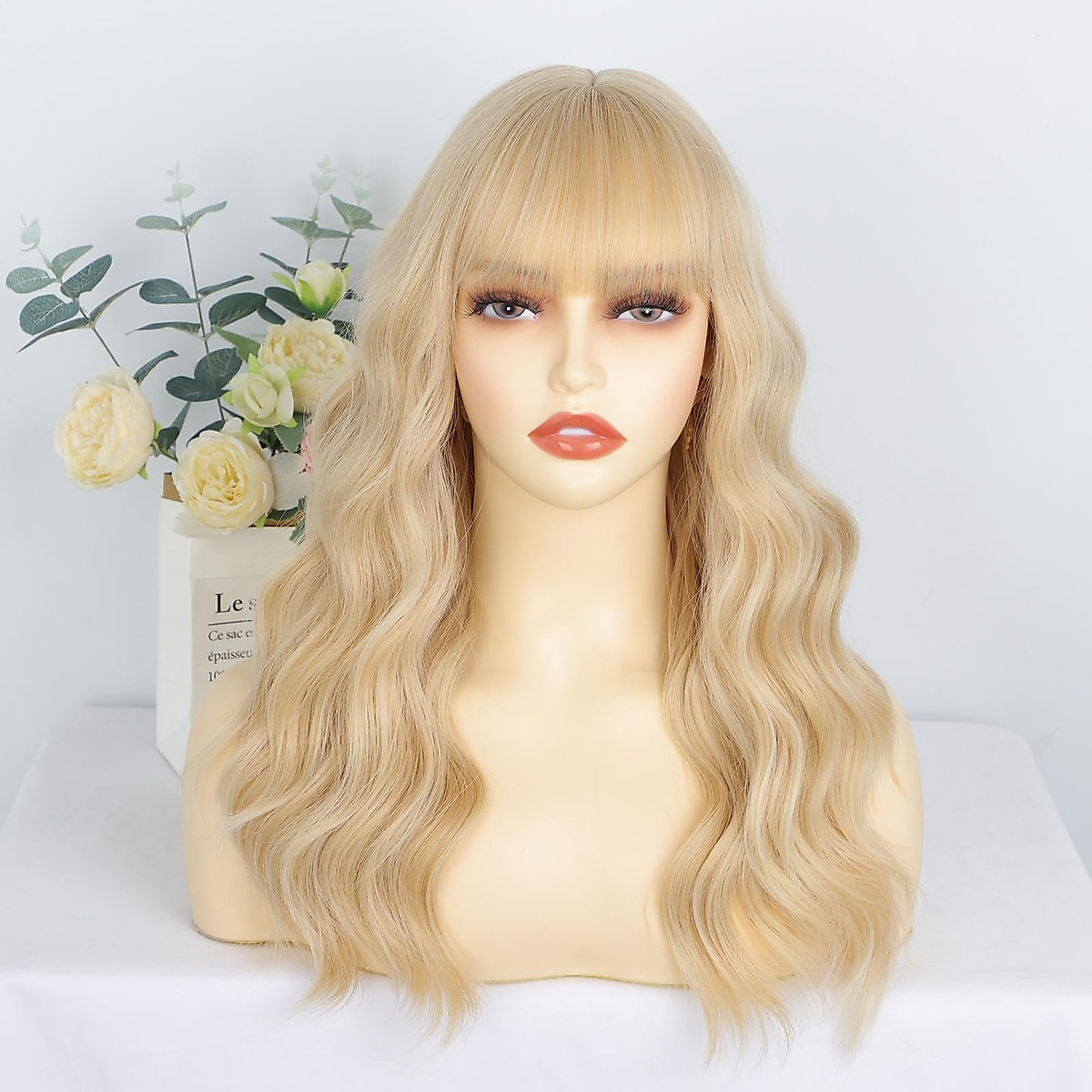 XIXIBI Blonde Wigs for Women Blonde Wig with Bangs Long Wavy Curly Wigs Natural Looking Synthetic Heat Resistant Fiber Wig for Daily Party Use (20 inch)