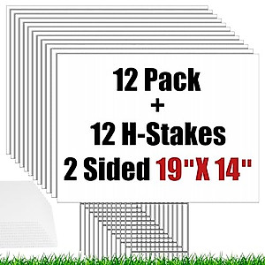 12 Pack Blank Yard Signs with Stakes, IKAYAS 19 x 14 Inches White Garden Yard Signs Yard Sale Signs Corrugated Lawn Signs for Party Yard Decorations,Garage Sale, Guidepost, Open House