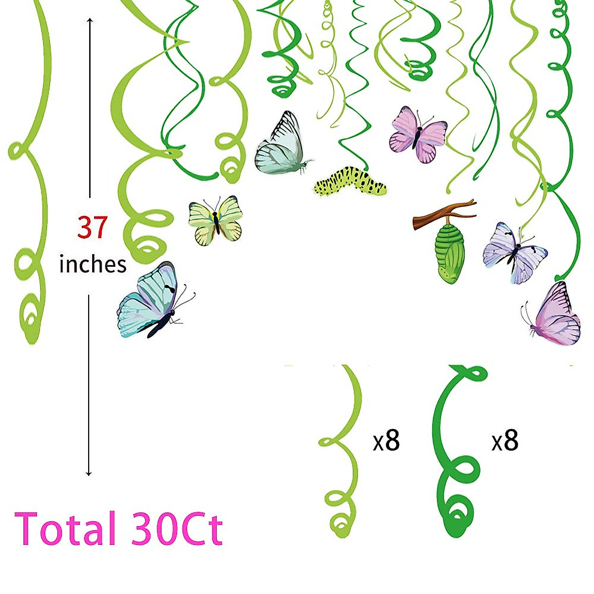 Spring Butterfly Party Supplies Hanging Swirl Decorations for Girls,Boys,Kids Home,Classroom,Baby Showers,Bridal Shower（30CT）