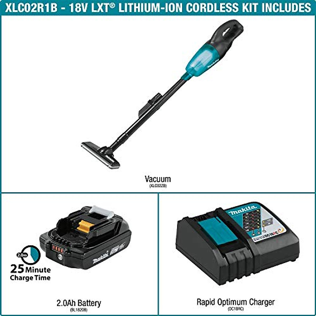 Makita XLC02R1B 18V LXT Lithium-Ion Compact Cordless Vacuum Kit (2.0Ah)
