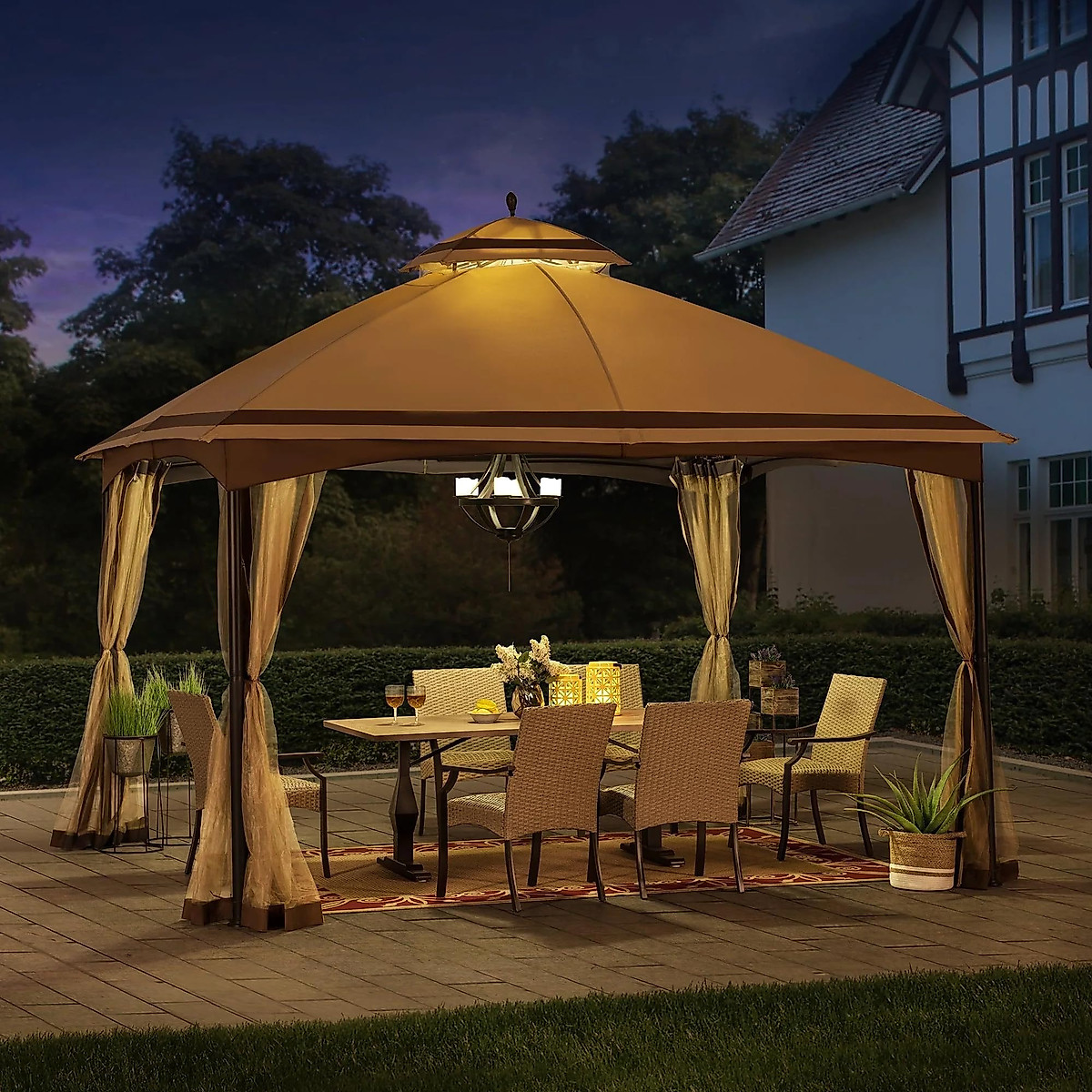 Sunjoy Pendleton 10.5 x 13 ft. 2-Tier Steel Gazebo, Tan & Brown