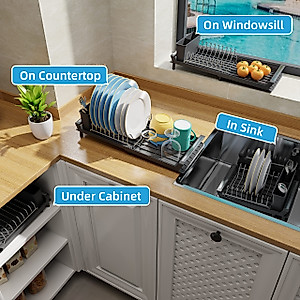 PETXPERT Dish Drying Rack, Expandable Dish Rack for Kitchen Counter with Utensil Holder, Stainless Steel Small Dish Drainer Organizer with Drainboard for Kitchen in Sink (Black)