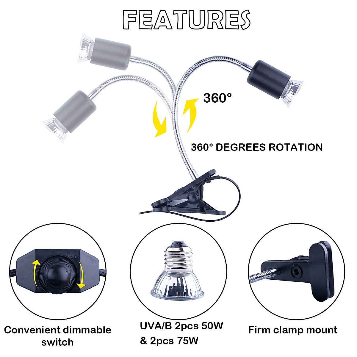 Reptile Heat Lamp, UVA UVB Reptile Light Basking Spot Lamp, UVA UVB Reptile Light, Aquatic Turtle Heating Lamp, Adjustable and Timed Terrarium Heat Lamps with 360° Rotatable Hose (Black)