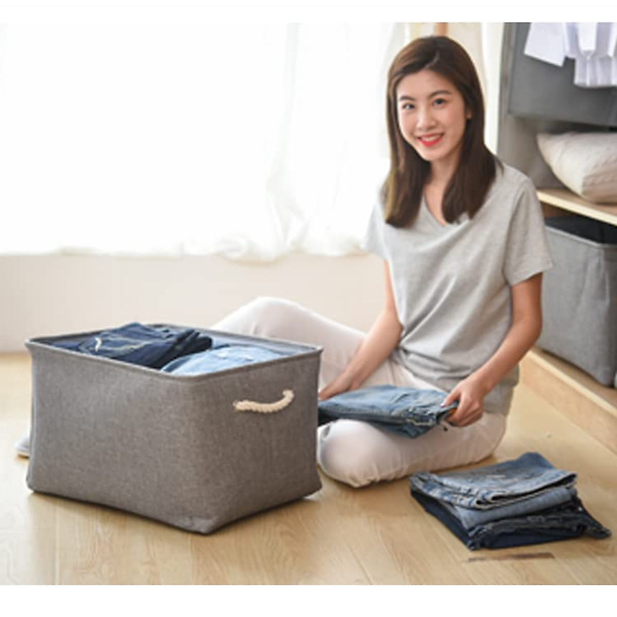 Queenie 2 Pack Closet Canvas Fabric Storage Basket, Gray, 17" x 8" x 5"