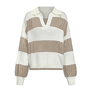 ZAFUL Women 2023 Striped V Neck Long Sleeve Sweater Fall Lapel Collar Ribbed Knit Loose Pullover Sweater Jumper Top Brown