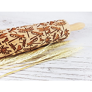 DRAGONFLY EMBOSSING ROLLING PIN WOODEN EMBOSSING ROLLING PIN with DRAGONFLY for EMBOSSED COOKIES GIFT for MOTHER FRIEND