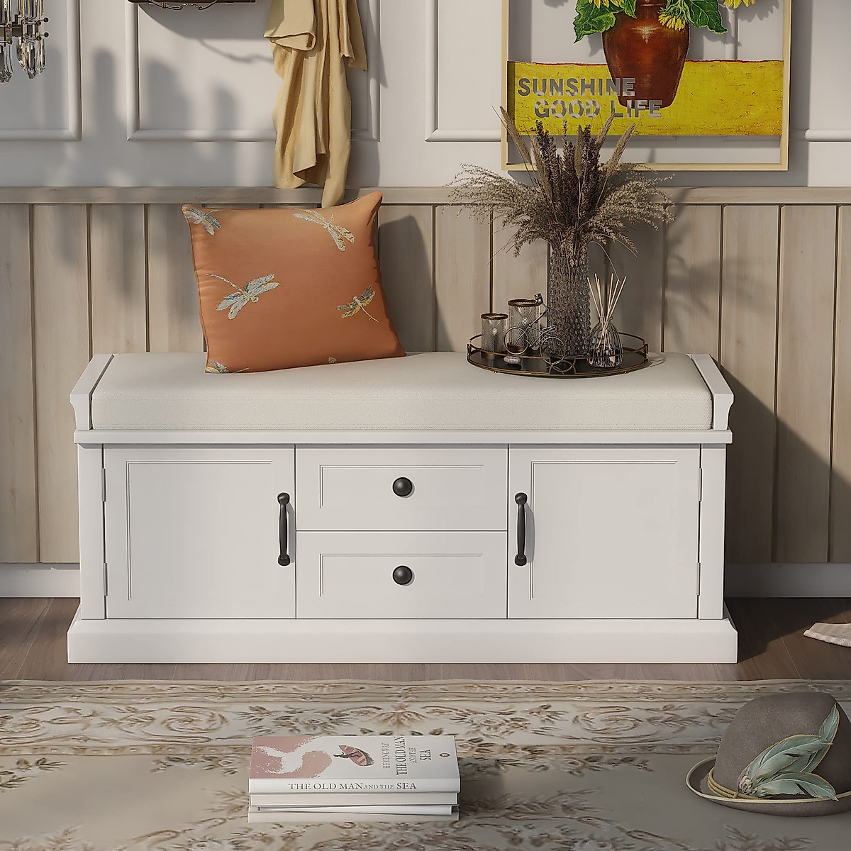 Shoe Bench Entryway with Storage, Entryway Bench with Removable Cushion, Solid Wood Storage Bench with 2 Drawers and 2 Cabinets for Living Room, Hallway, Closet, 42.5"L x 15.9"W x 17.5"H，White