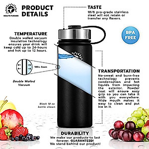 Stainless Steel Water Bottle/Thermos: ​40 Oz.​ Double Walled Vacuum Insulated Wide Mouth Travel Tumbler, Reusable BPA Free Twist Lid Bottles for Hot or Cold Liquid: Bonus Flip & Straw Lids - ​Black