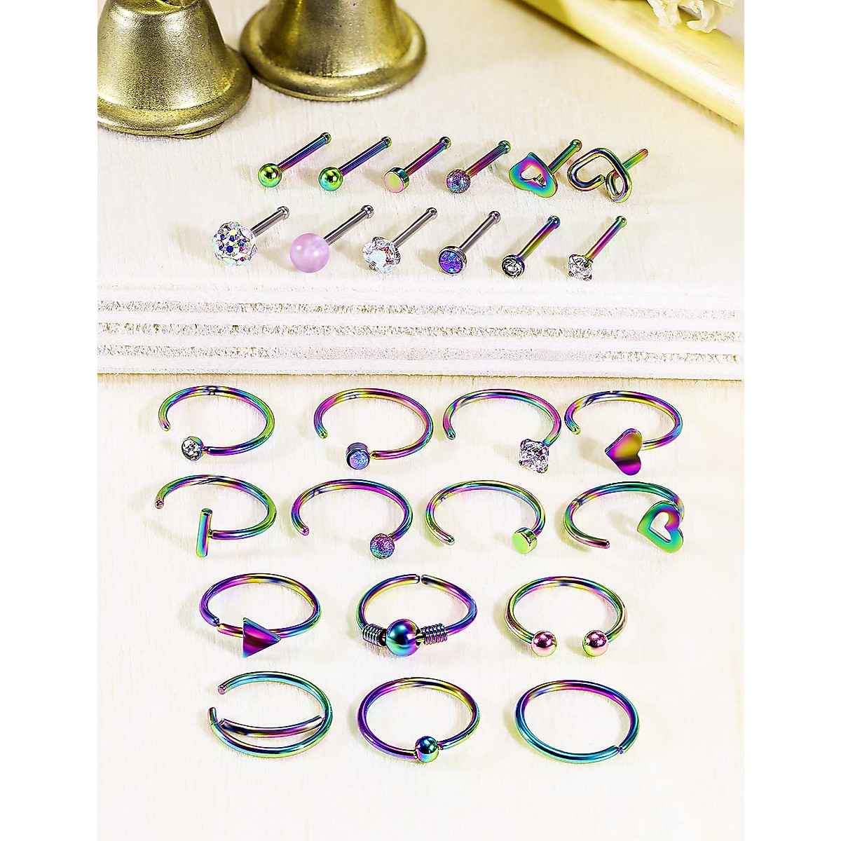 Jenxnjsjo Nose Rings Hoops Studs Piercings Jewelry Set for Women 20g Green Surgical Stainless Steel 20 g Gauge Rainbow Aretes para La Nariz Cute Tiny Straight Bar Nostril Bone Pack Hypoallergenic
