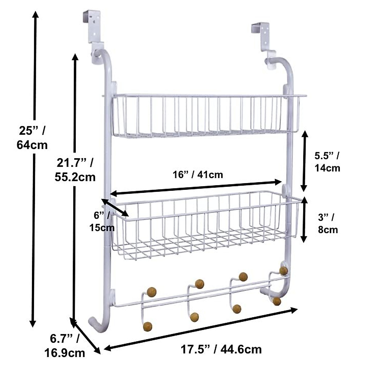 Over Door Organizer Wall Mounted Sturdy 2-tier Bathroom Storage Baskets with 8pcs Towel Wood Hooks Decor Pantry Kitchen Spice Back Hanging Metal Rack Closet Shelving Organizers , 17.5" (W) X 25" (H)