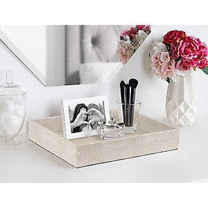 HofferRuffer Elegant Desktop Organizer, Vanity Tray, Bathroom Storage Tray Holder, Dresser Jewelry Tray, Change Coin Key Watch Catchall Tray, 10.2 x 8.4 x 1.8 inches (Light Grey Faux Leather Shagreen)