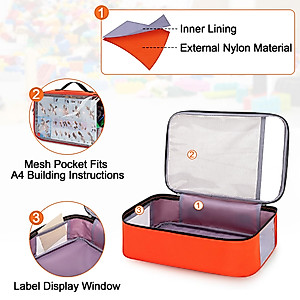 Rexmica 2pcs Large Toy Storage Organizer Bag Compatible with Lego Bricks, Construction Toy Travel Bag for Toy Interlocking Gear, Stacking Block, Building Blocks, Magnetic Tiles, Toy Cars, Orange