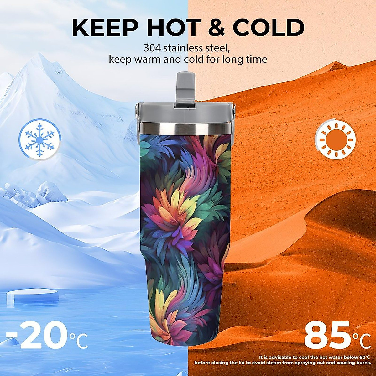 Colorful Flower Tumbler 30oz Large Capacity Car Cup with Handle Fit in Any Car Cup Holder Stainless Steel Leakproof Insulated Coffee Tumblers with Lid And Straw