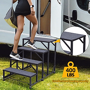 Toriexon RV Stairs Handrails Ladder w/Step Cover, 4 Step 5th Wheel Stair Hot Tub Steps with Handrail, Economy Universal Mobile Home Steps with Handrail and Platform for Outdoor