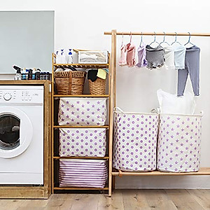 Sea Team 19.7 Inches Large Sized Waterproof Coating Ramie Cotton Fabric Folding Laundry Hamper Bucket Cylindric Burlap Canvas Storage Basket with Stylish Polka Dot Design (19.7", Purple)