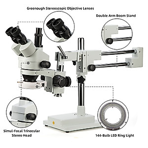 Swift S7 3.5X-90X Professional Simul-Focal Trinocular Stereo Zoom Microscope with WH10x Eyepieces, 0.7X-4.5X Objective,144 LED Ring Light, Double Arm Boom Stand, Includes 0.5X and 2.0X Barlow Lens